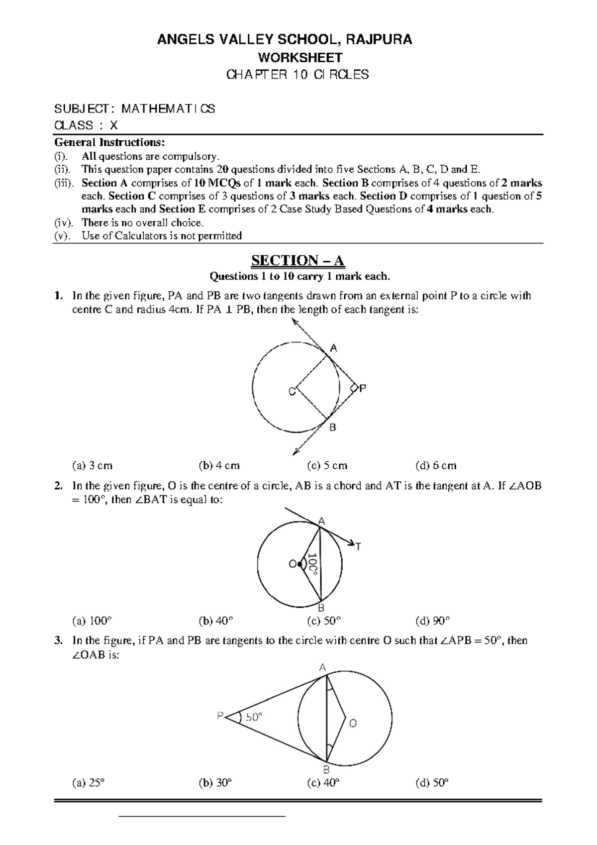 Maths Class X Worksheet: Chapter 10 Circles Practice Paper 08 2024 ...