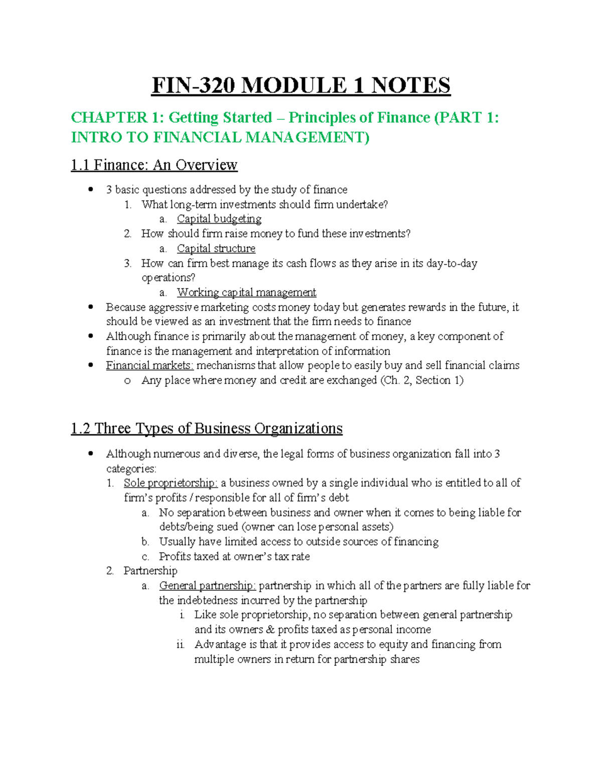 FIN-320 Module 1: Key Concepts in Financial Management and Markets ...