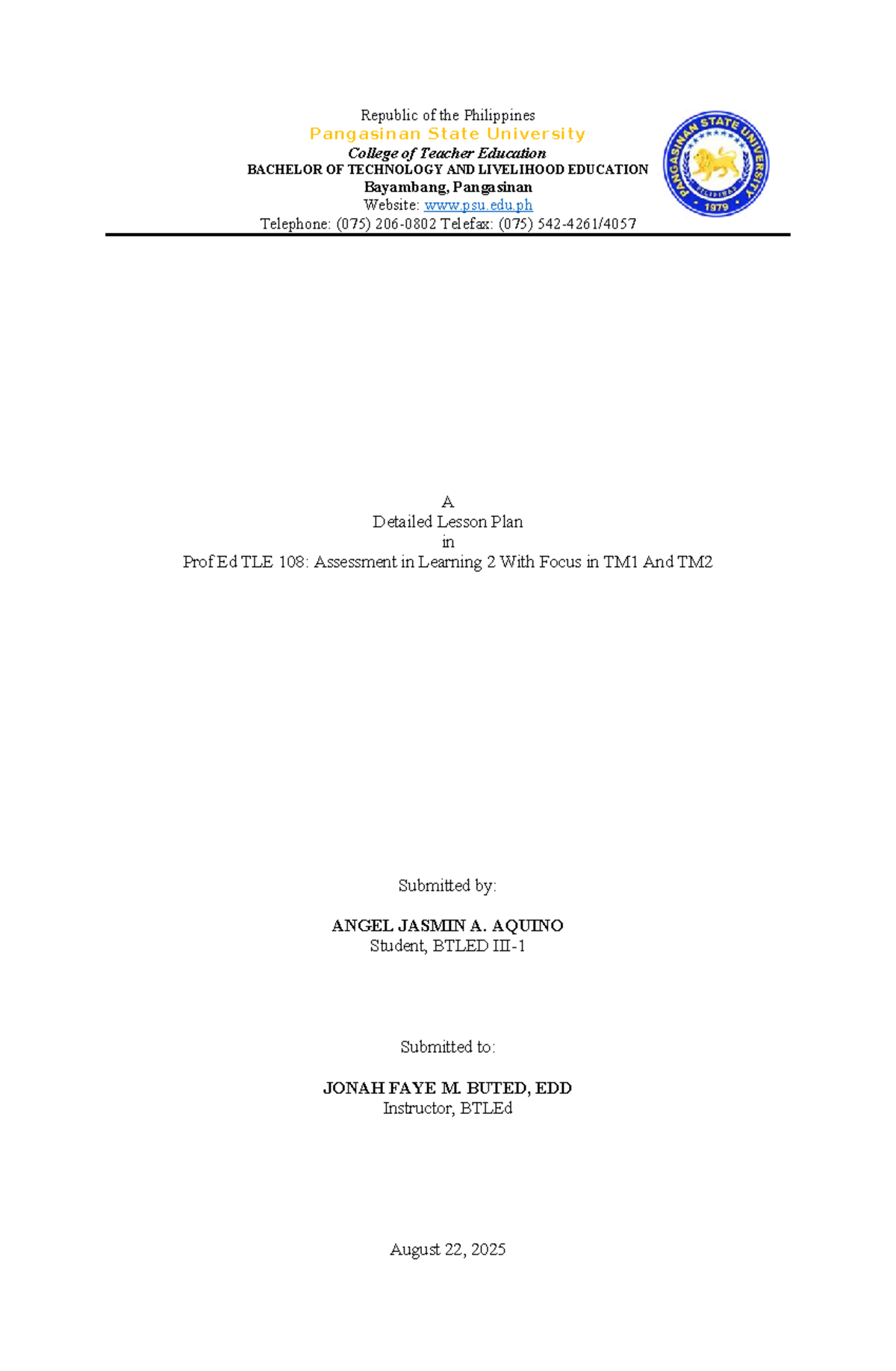 Detailed Lesson Plan Template for Prof Ed TLE 108 - Studocu