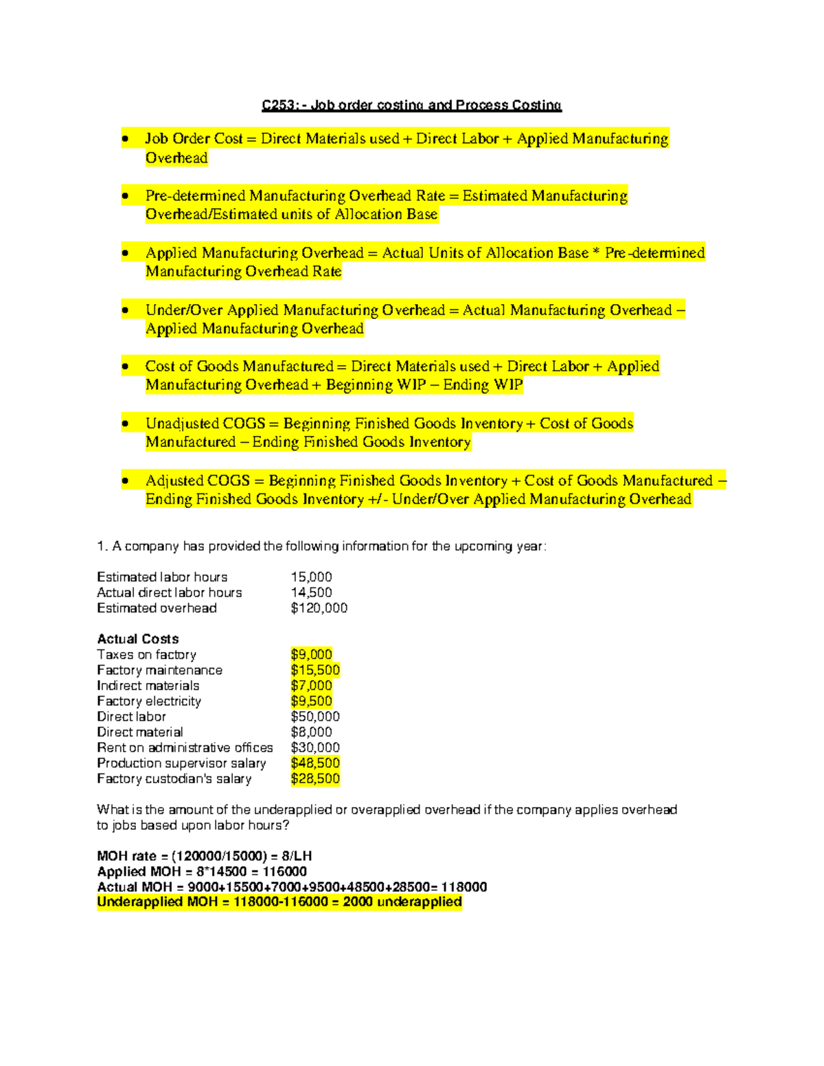 C 253 - Competencies 1-2 - C253: - Job order costing and Process ...
