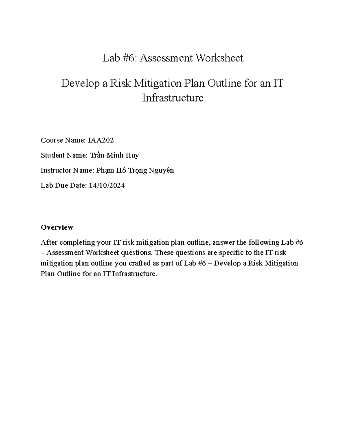 IAA202-Lab6-Risk Mitigation Plan Outline & Assessment Worksheet - Studocu