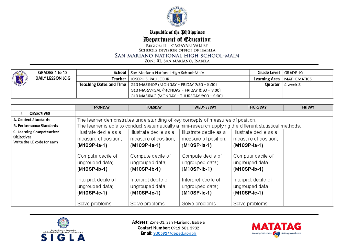 G10 Mathematics Daily Lesson Log: Deciles & Ungrouped Data - Studocu