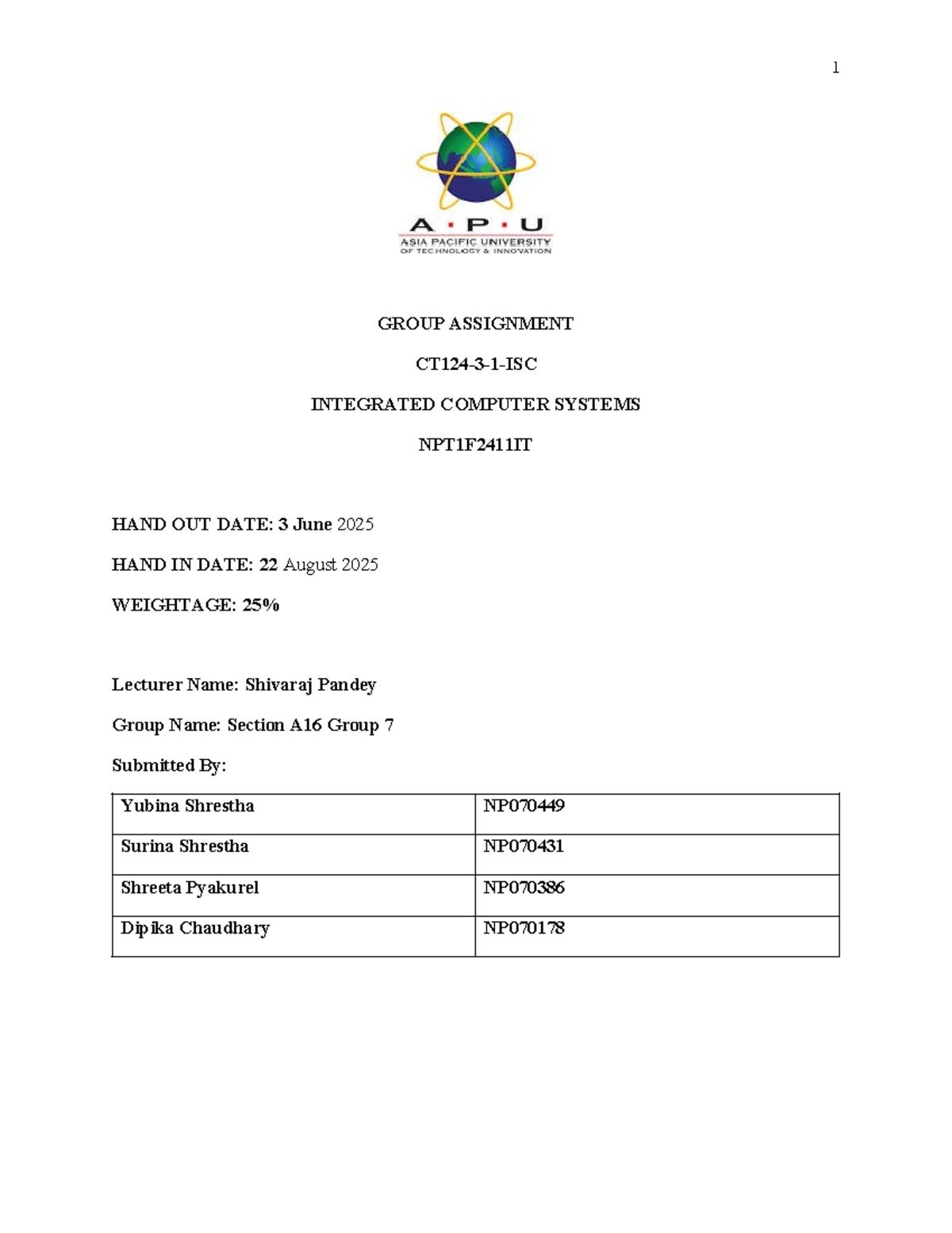1 GROUP ASSIGNMENT INTEGRATED COMPUTER SYSTEMS NPT1F2411IT - SHAPE GENERATION - Studocu