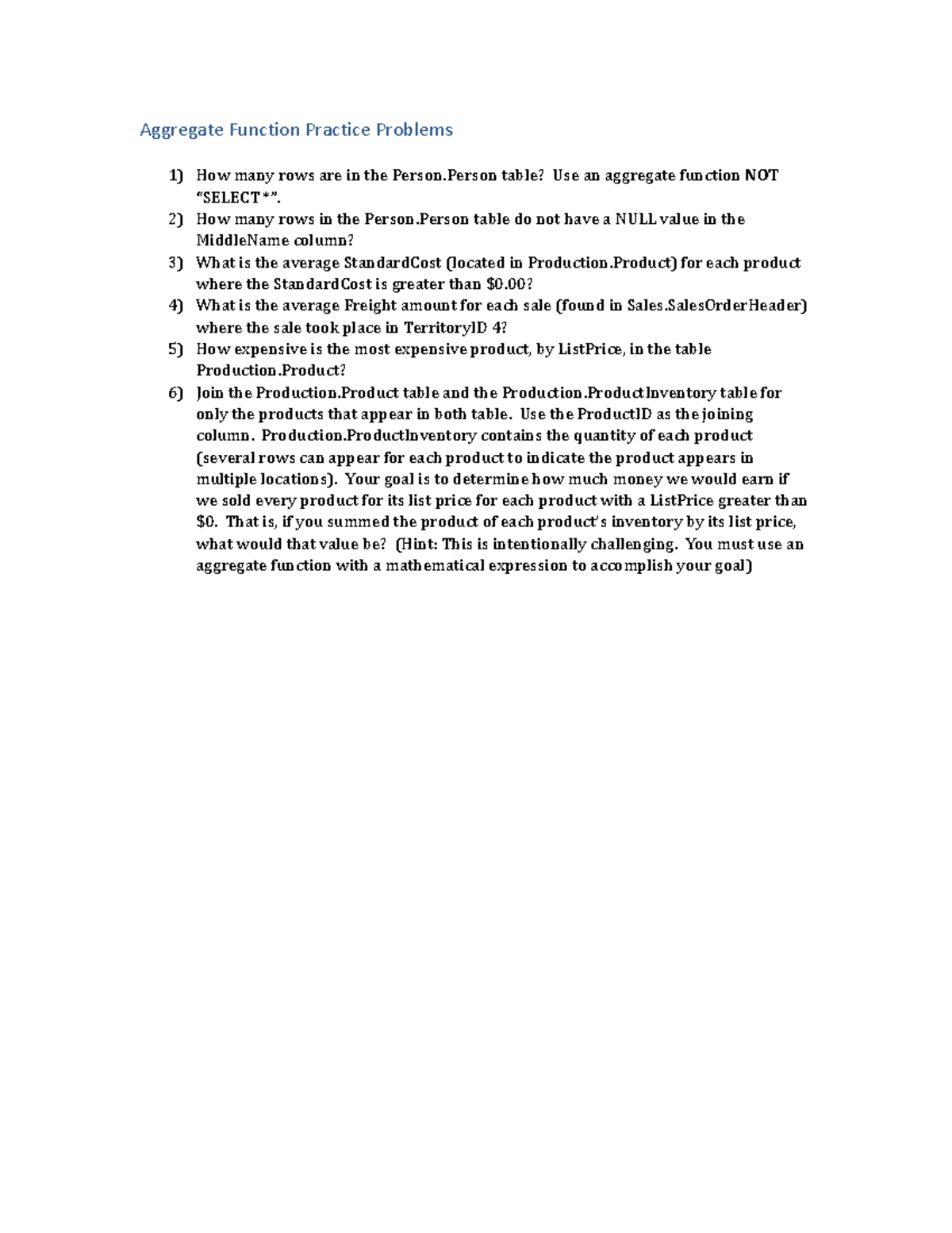 Aggregate Function Practice Problems for SQL Queries - Studocu