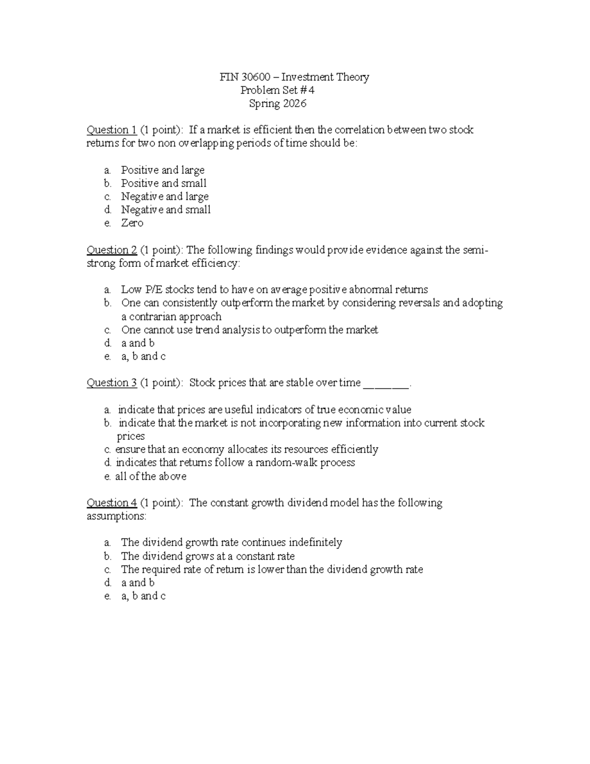 FIN 30600 Investment Theory Problem Set 4 - Practice Questions Spring ...