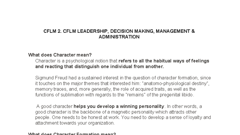 CFLM 2. Leadership: Character, Decision Making & Management Insights ...