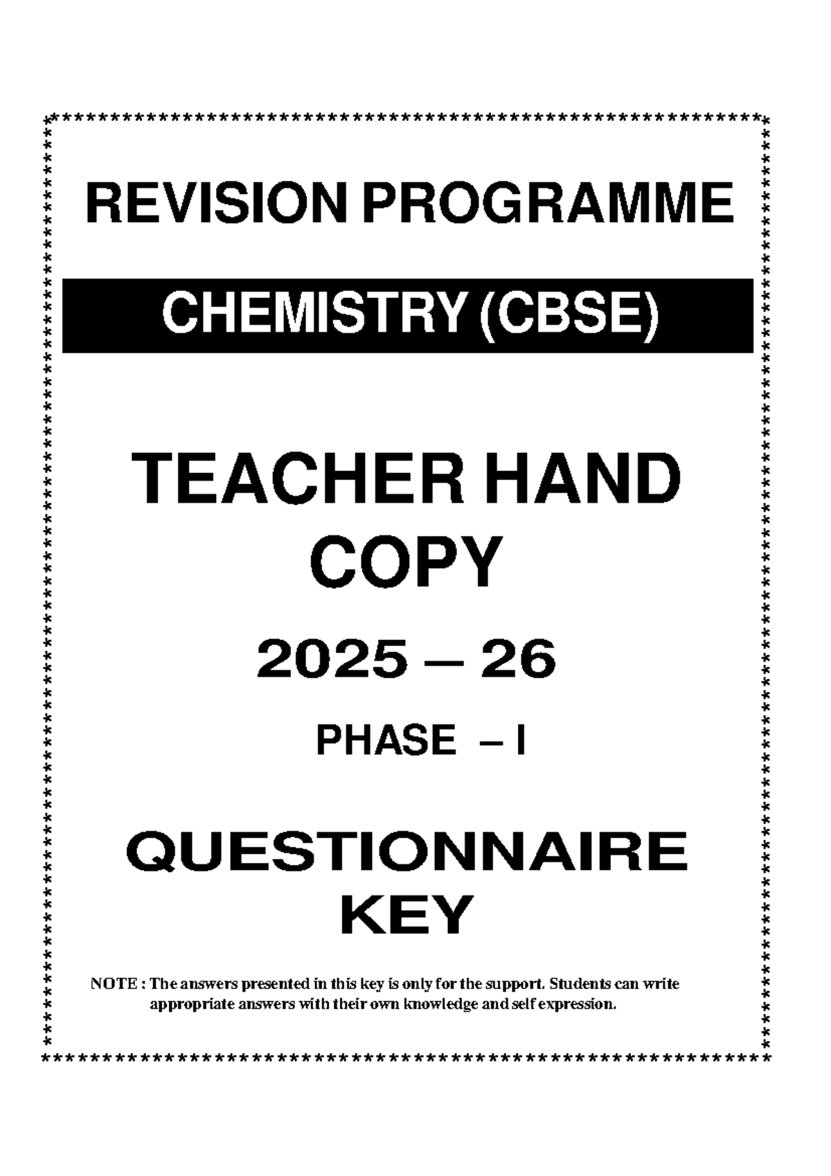 CBSE X Class Chemistry Revision Programme Phase I Questionnaire Key ...