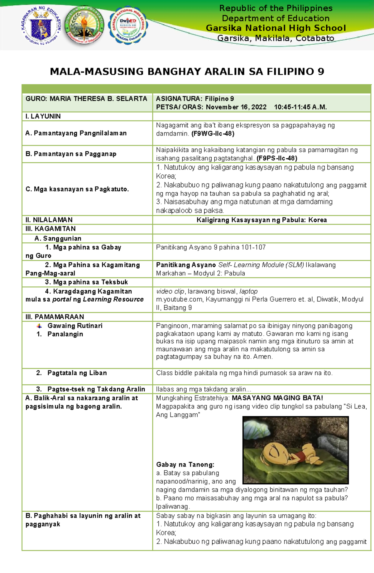 MALA-MASUSING BANGHAY ARALIN SA FILIPINO 9 - PABULA AT KOREA - Studocu