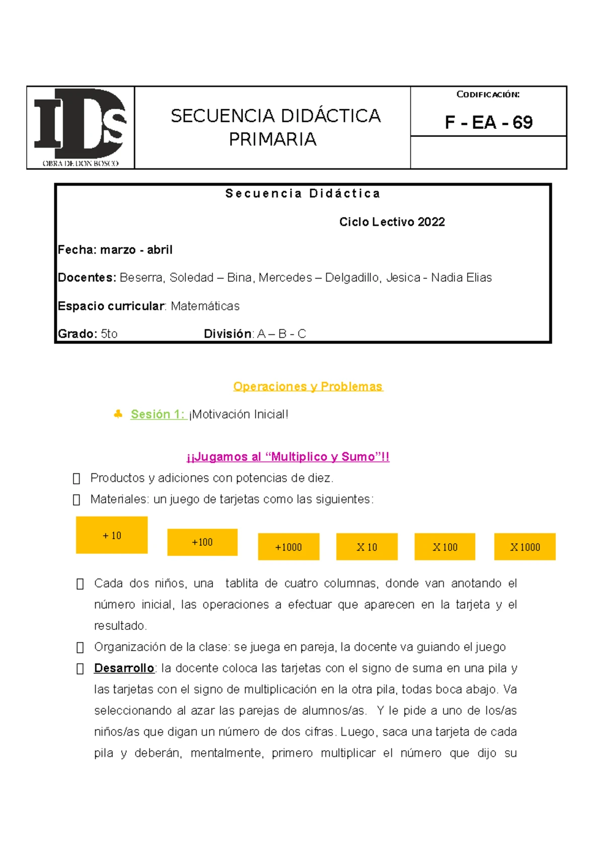 Sec. Did. Múltiplos y Divisores - 5to - 2022 - SECUENCIA DIDÁCTICA PRIMARIA CODIFICACIÓN: F - EA ...