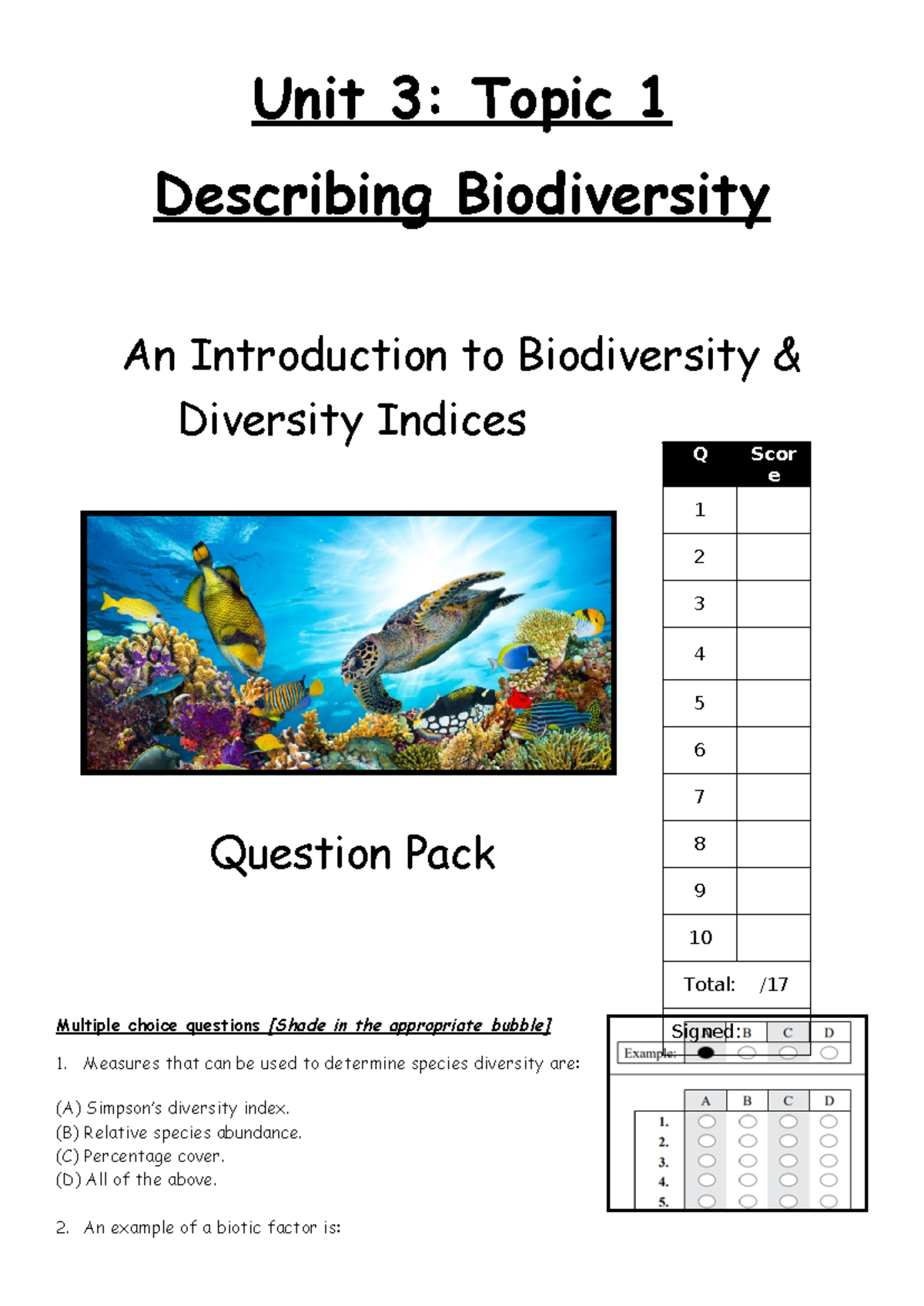 Unit 3: Biodiversity & Diversity Indices QP - Studocu
