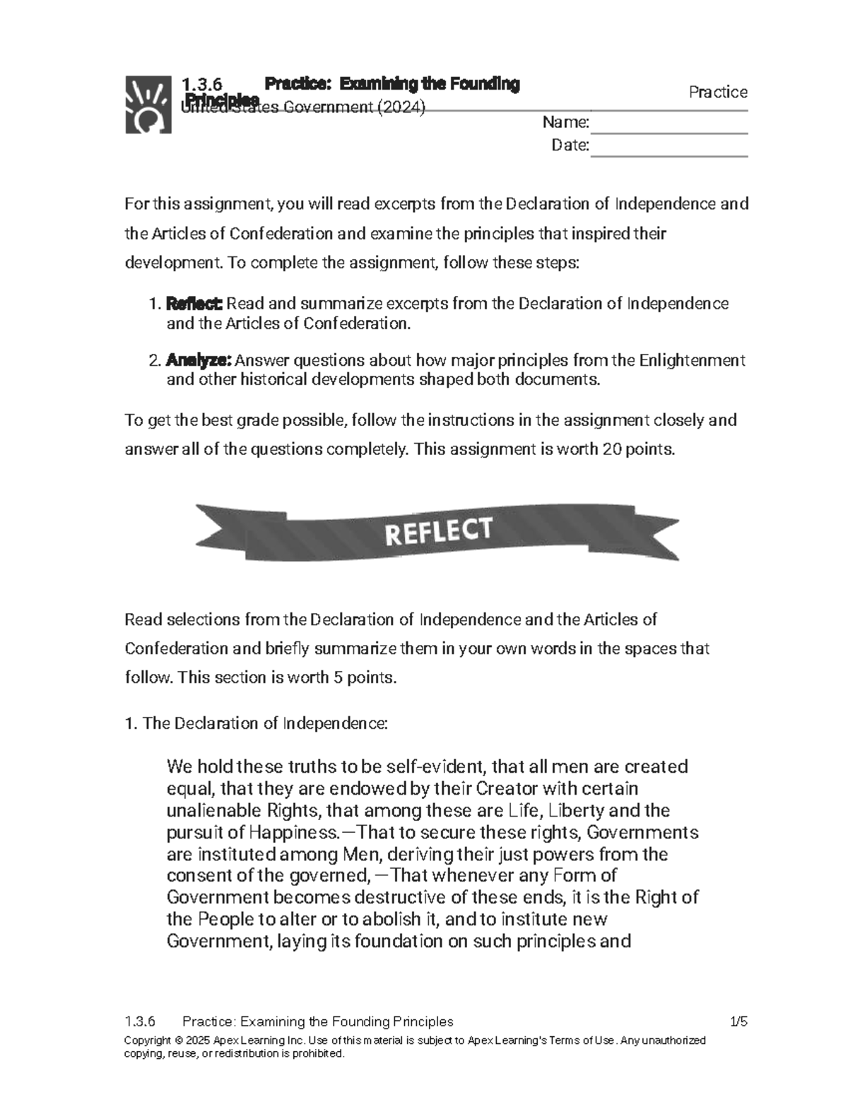 1.3.6 Practice: Analyzing Founding Principles of U.S. Government - Studocu