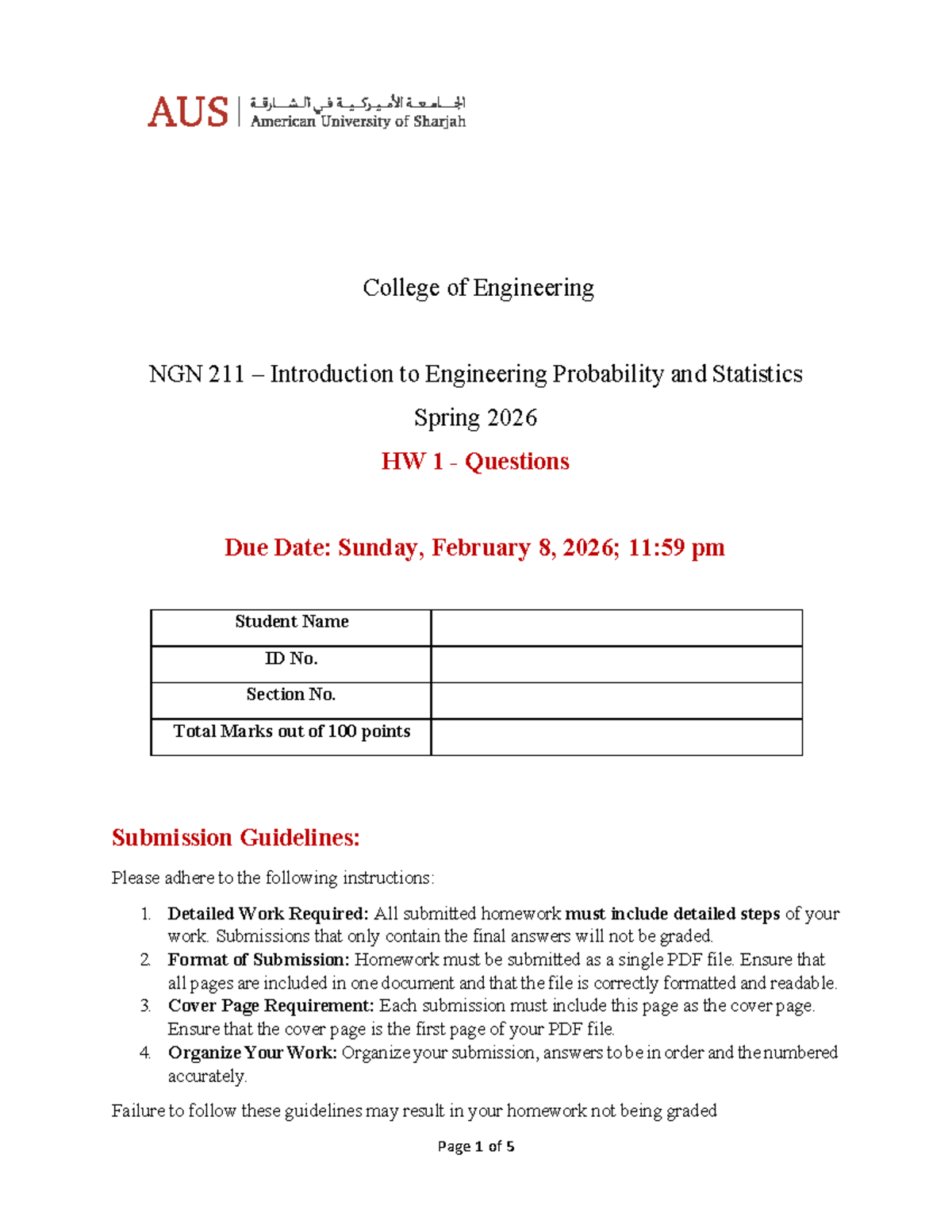 NGN 211 - Homework 1: Probability & Statistics Questions - Studocu