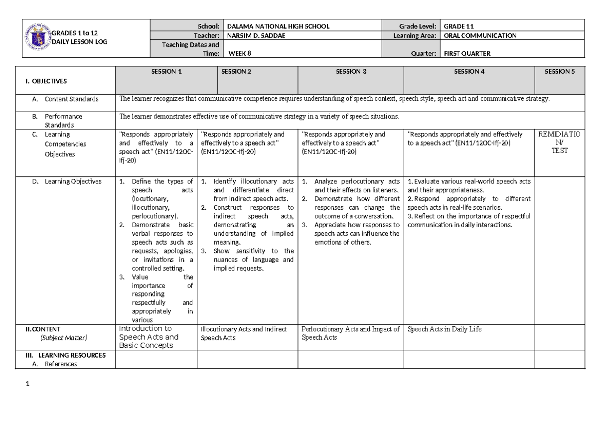 DLL - WEEK 8 - GRADE 11 ORAL COMMUNICATION LESSON LOG - Studocu