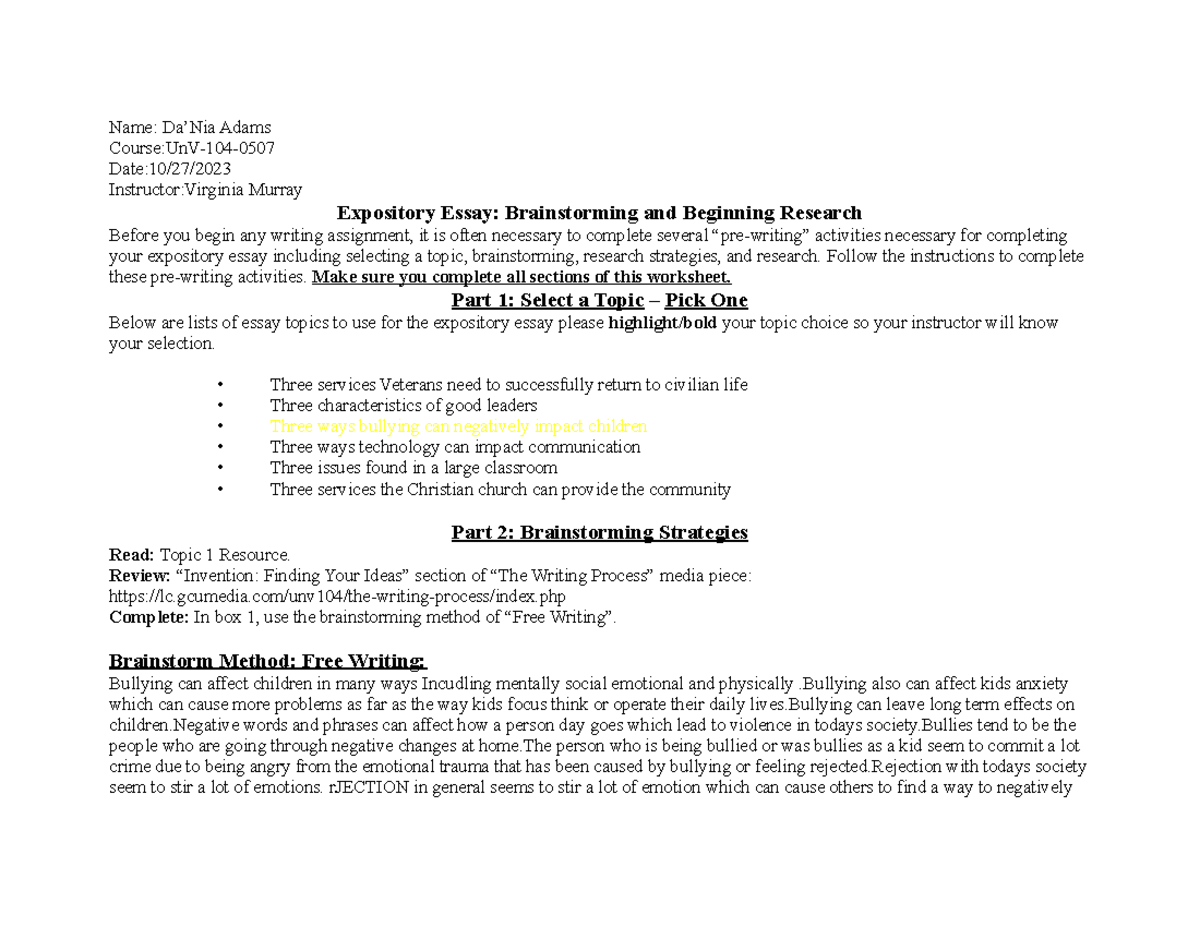 UNV-104-RS-T1-Brainstorming and Beginning Research Worksheet-2 - Name ...