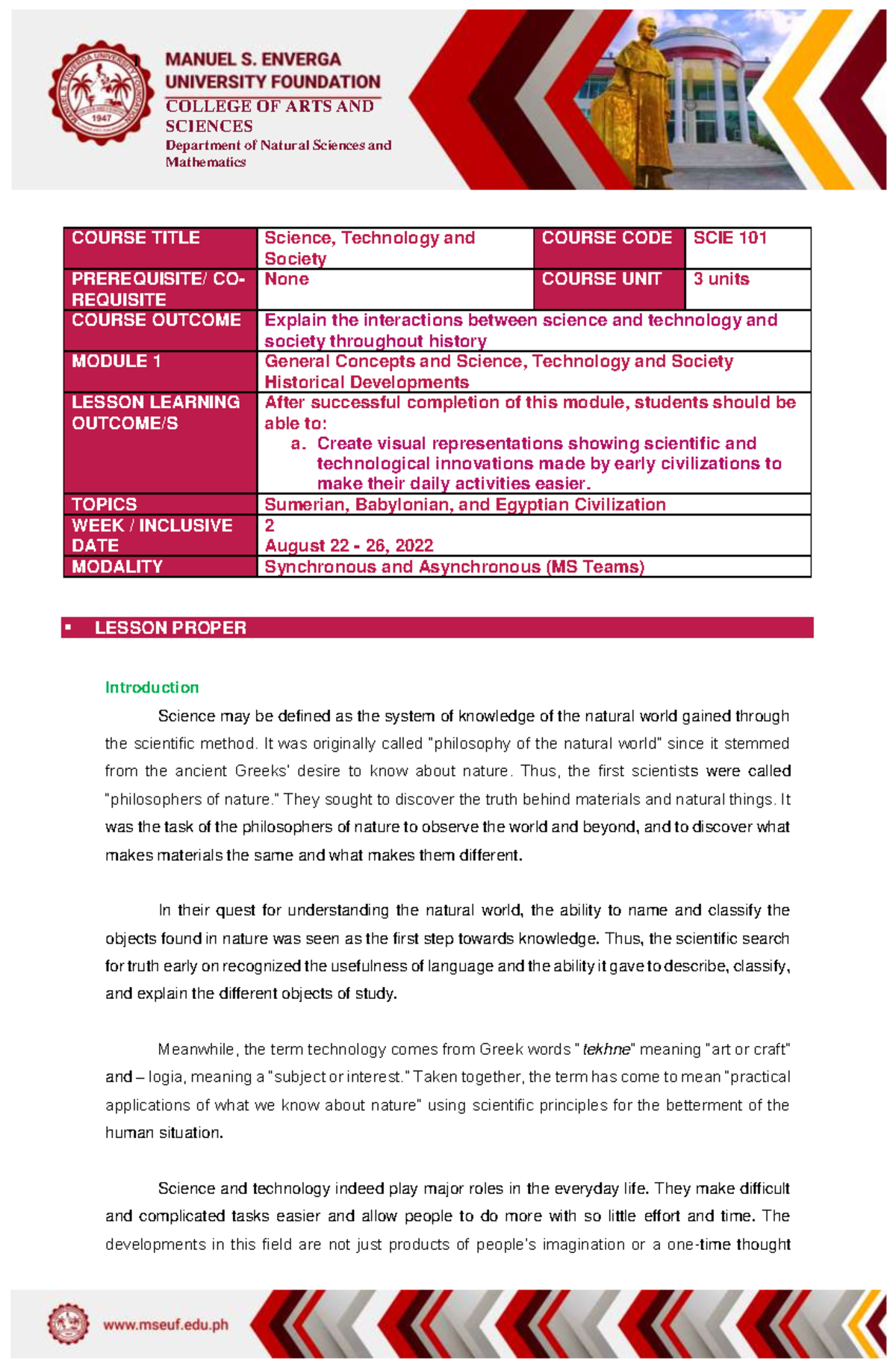 WEEK-2 SCIE-101 Course-Module - COLLEGE OF ARTS AND SCIENCES Department ...
