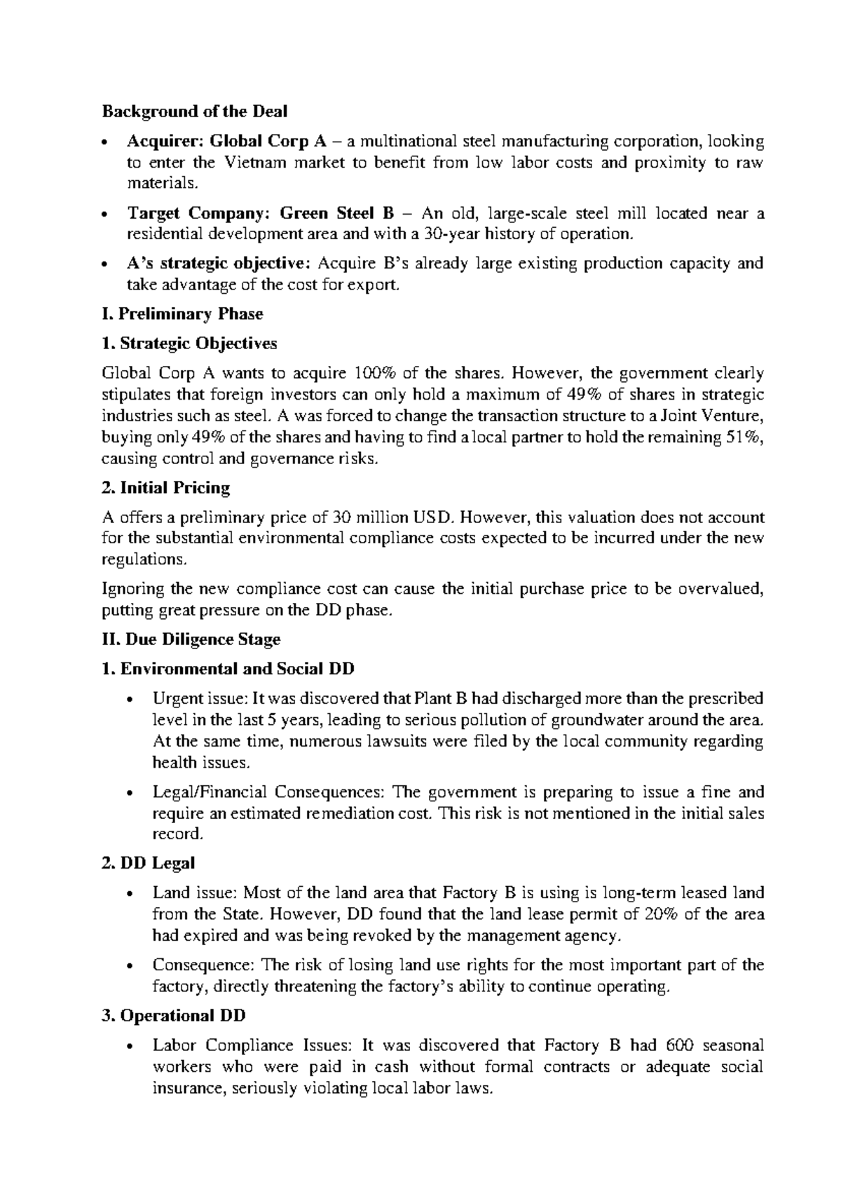 Midterm Case Study: Global Corp A's Acquisition of Green Steel B - Studocu