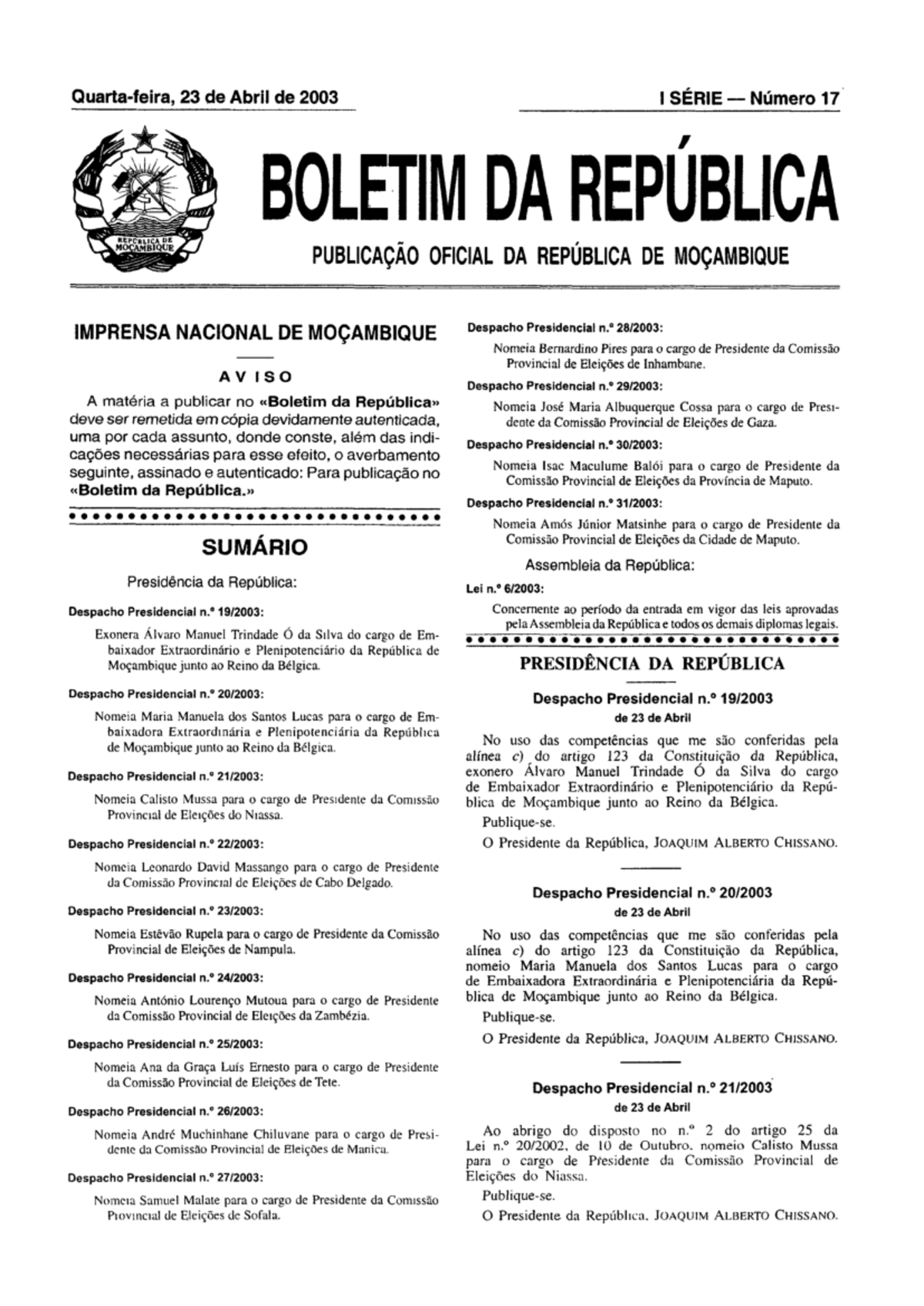 Despacho Presidencial - Boletim da República de Moçambique, 23/04/2003 ...