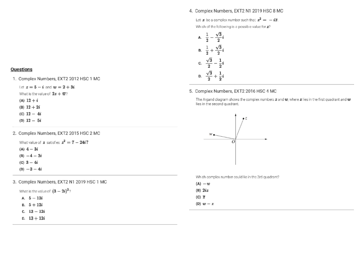 Complex Numbers - EXT2 N1 2019 HSC Worked Solutions - Studocu