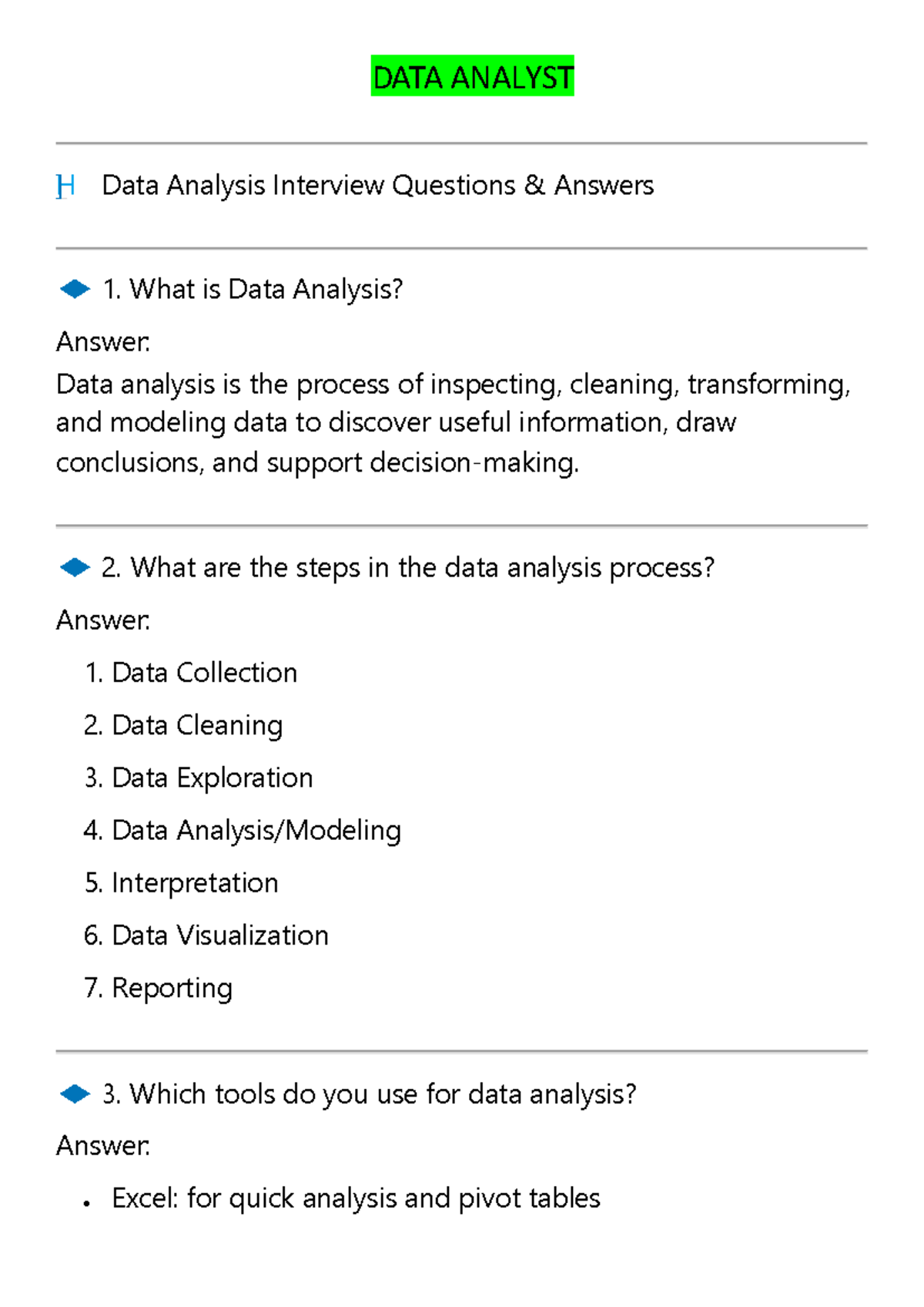 DATA ANALYST Interview Q&A: Data Analysis Techniques & Tools - Studocu
