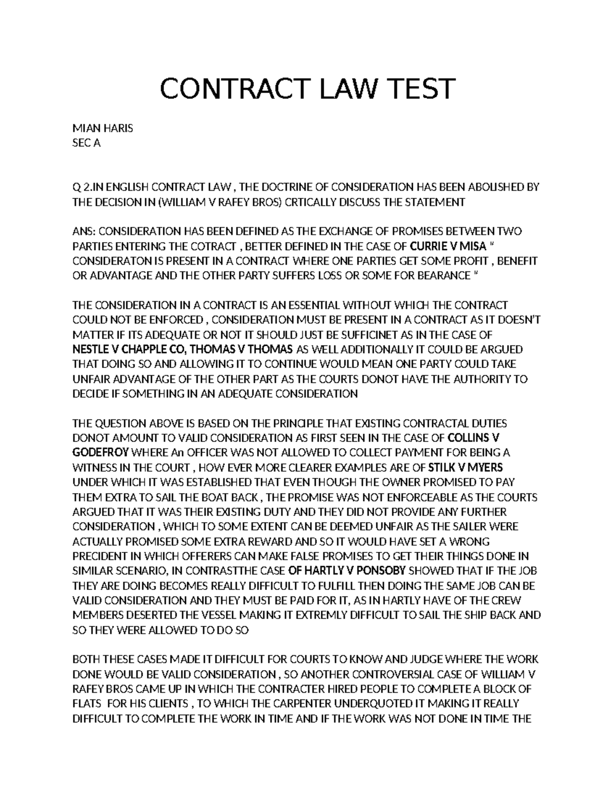 Contract Law Test: Consideration Doctrine & Case Analysis (Sec A) - Studocu