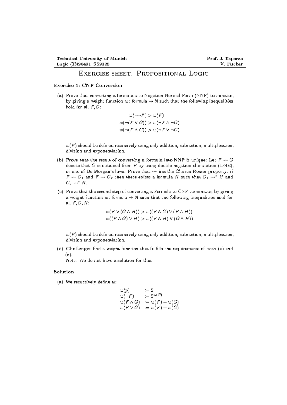 Logic (IN2049) Exercise Sheet: Propositional Logic Solutions - SS2025 - Studocu