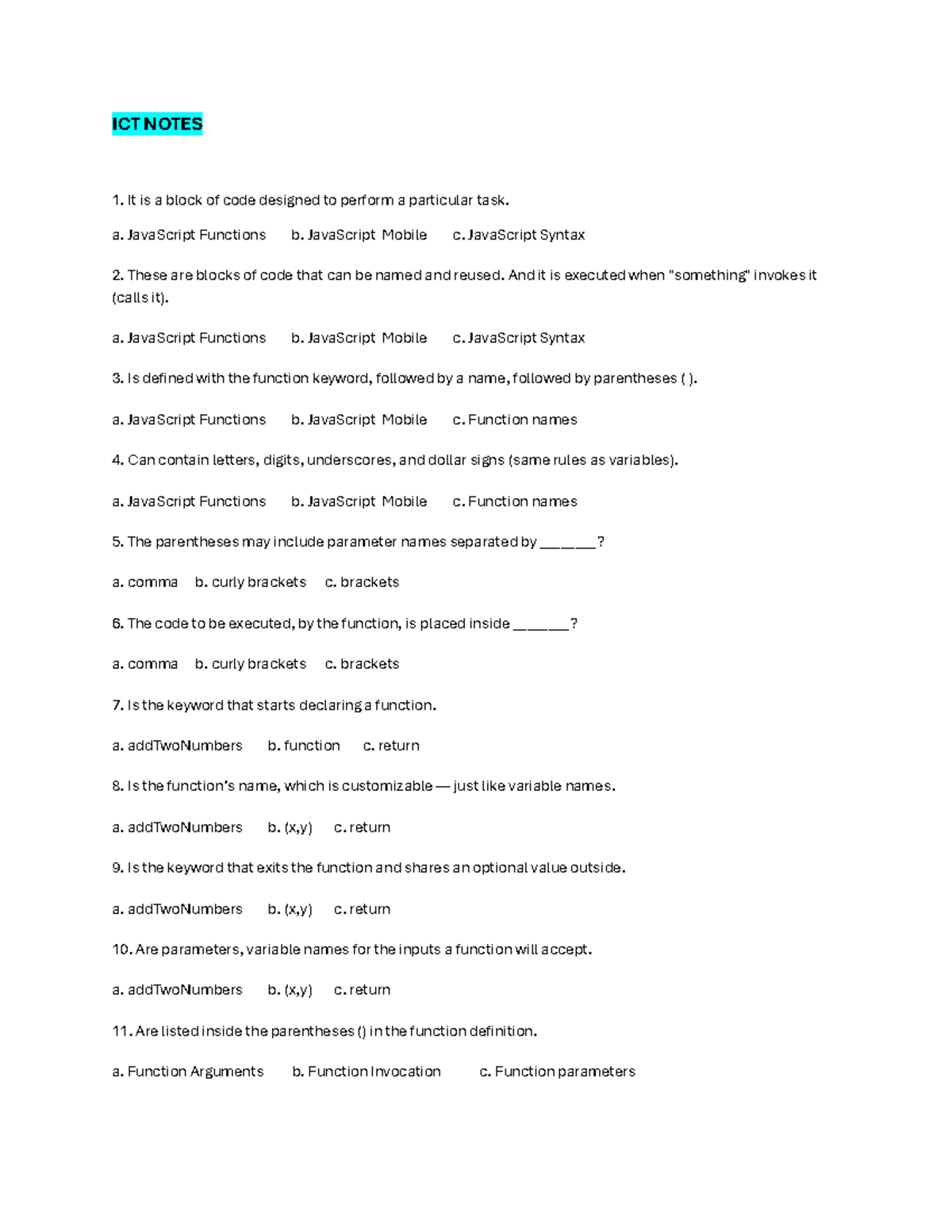 ICT (6789) - JavaScript Functions and Events Notes - Studocu