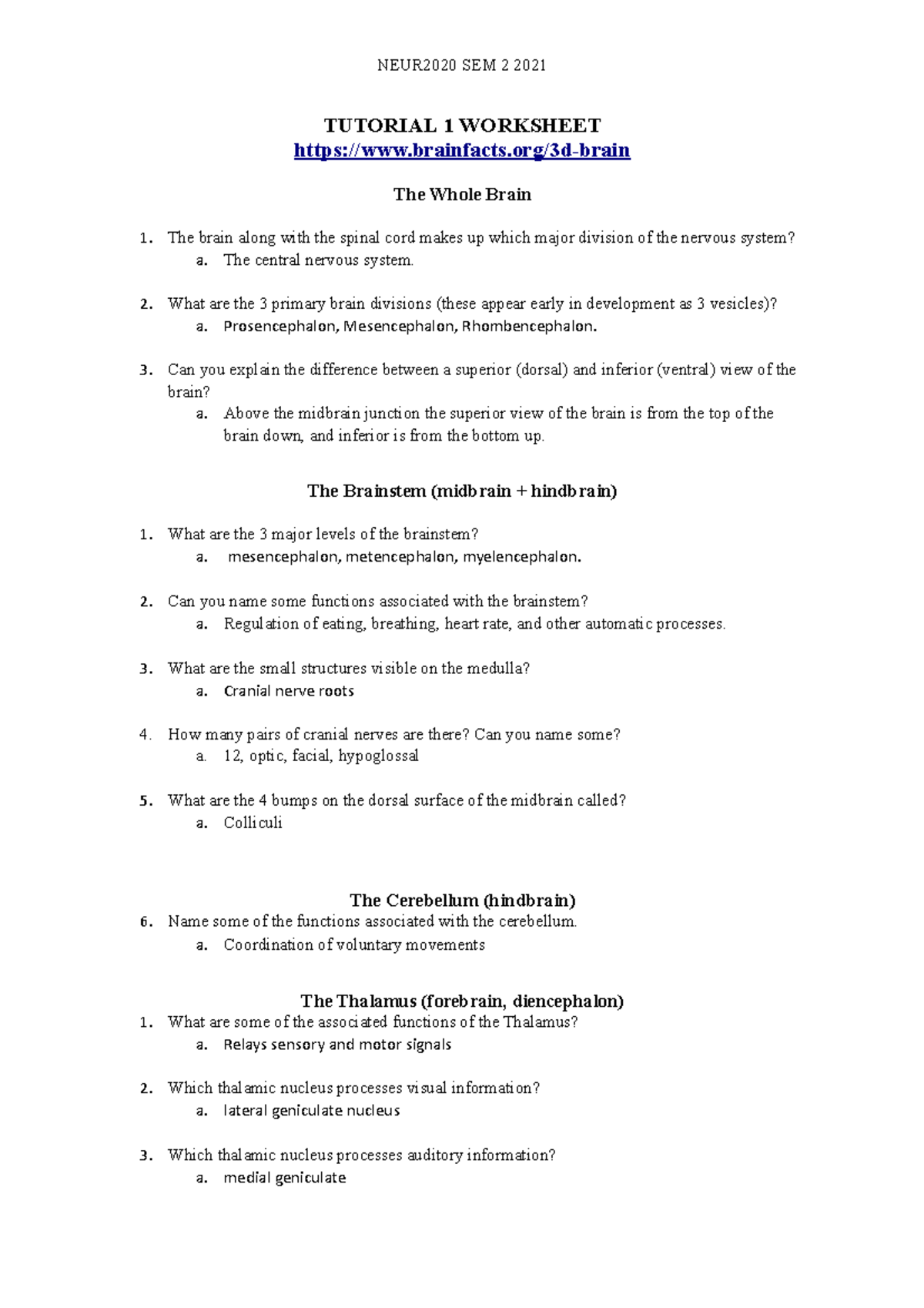 Worksheet For Week 2 Tutorial - NEUR2020 SEM 2 2021 TUTORIAL 1 ...