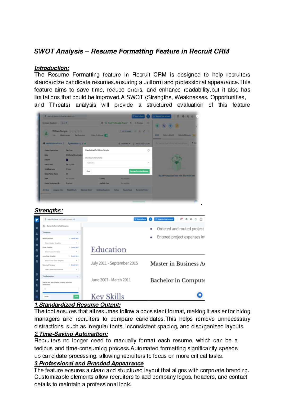 SWOT Analysis of Resume Formatting Feature in Recruit CRM - Studocu