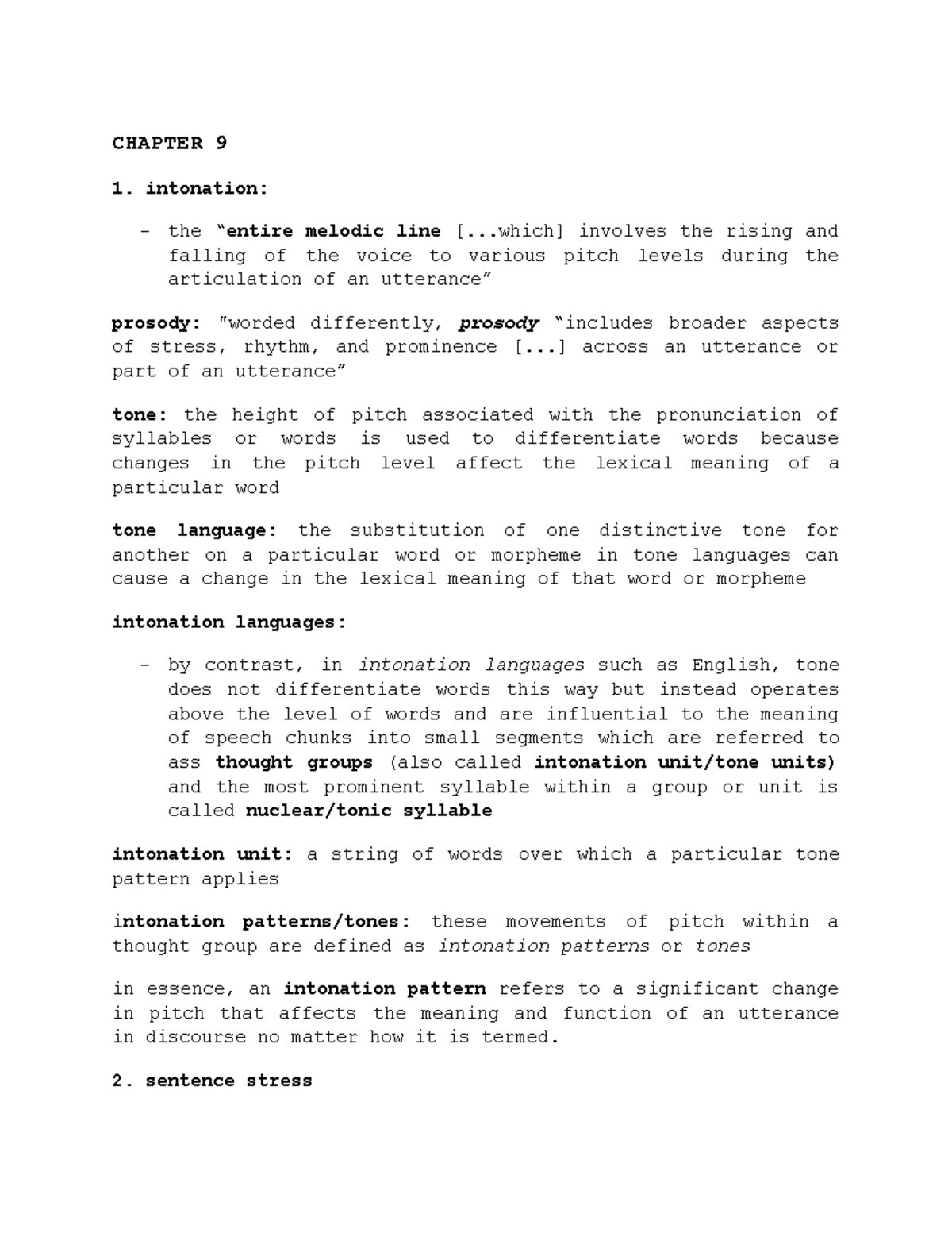 CHAPTER 9: Intonation, Prosody, and Sentence Stress in English - Studocu