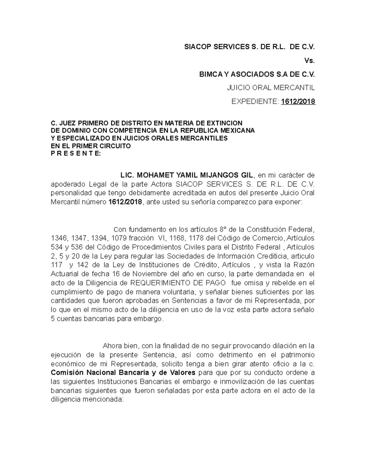 Solicitud de Embargo a Cuentas Bancarias - Juicio Oral Mercantil 1612/ ...