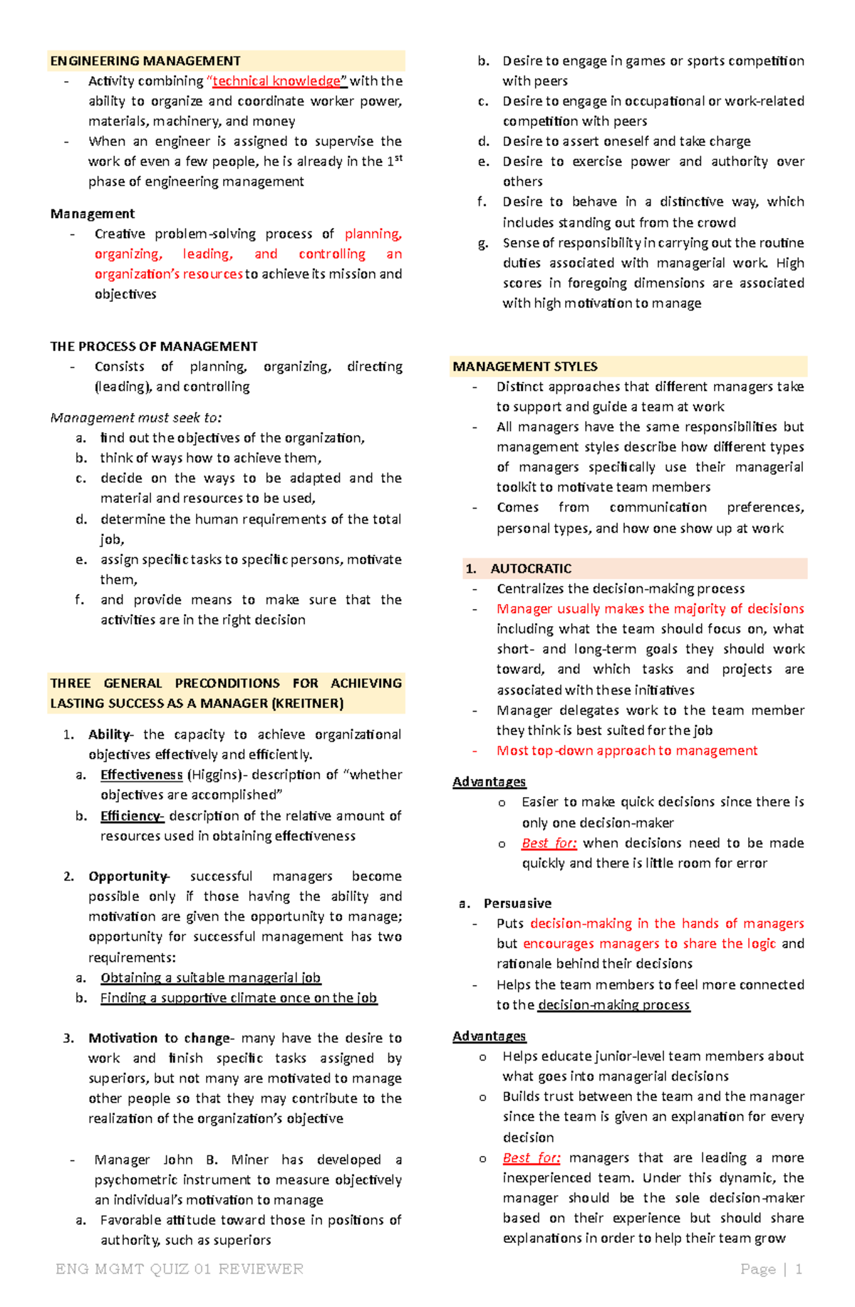 ENG MGMT - Quiz 01: Overview of Engineering Management Styles - Studocu