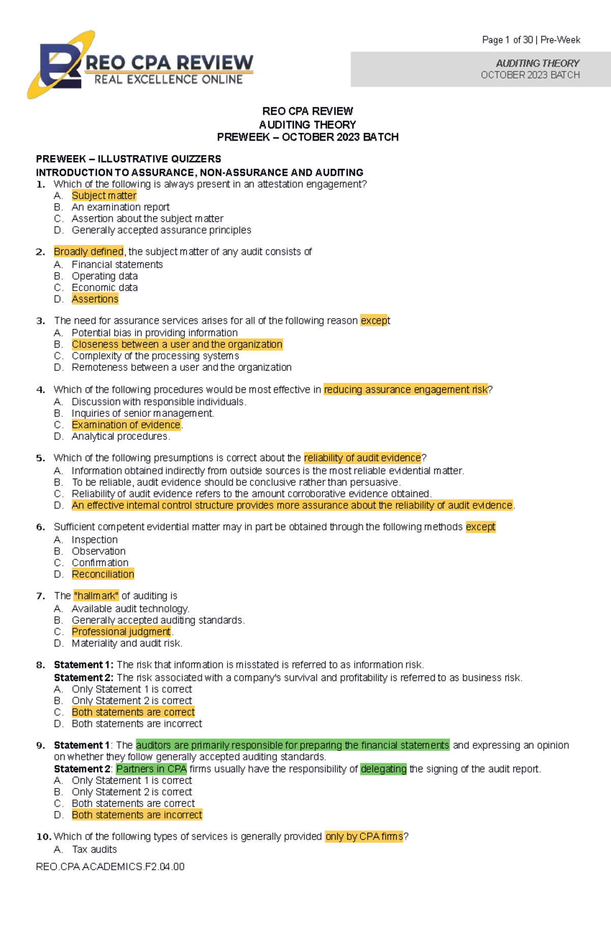 REO CPA REVIEW - AUDITING THEORY PREWEEK QUIZZERS OCTOBER 2023 - Studocu