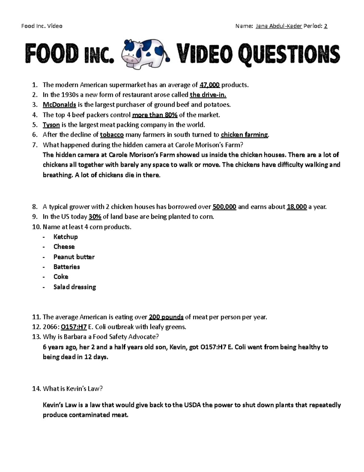 Food Inc Worksheet - Key Questions and Insights from the Documentary ...