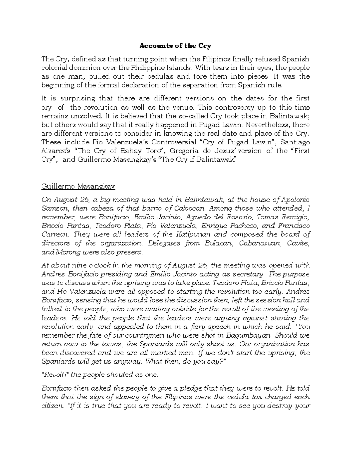 Accounts of the Cry - Lecture notes 3 - Accounts of the Cry The Cry ...