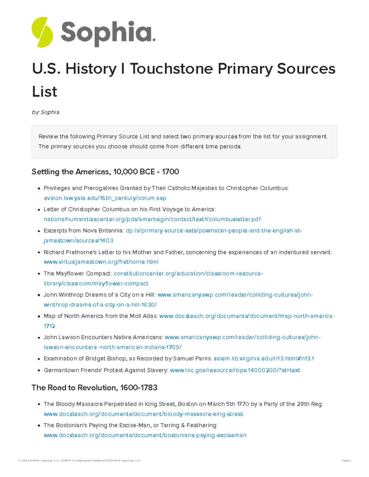 U.S. History I Touchstone Primary Sources List for Assignment - Studocu