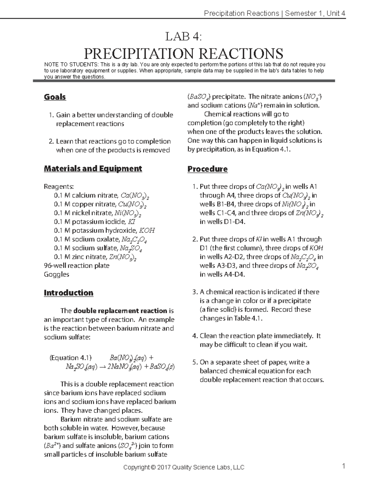 Lab Unit 4: Precipitation Reactions - Semester 1 Dry Lab Guide - Studocu