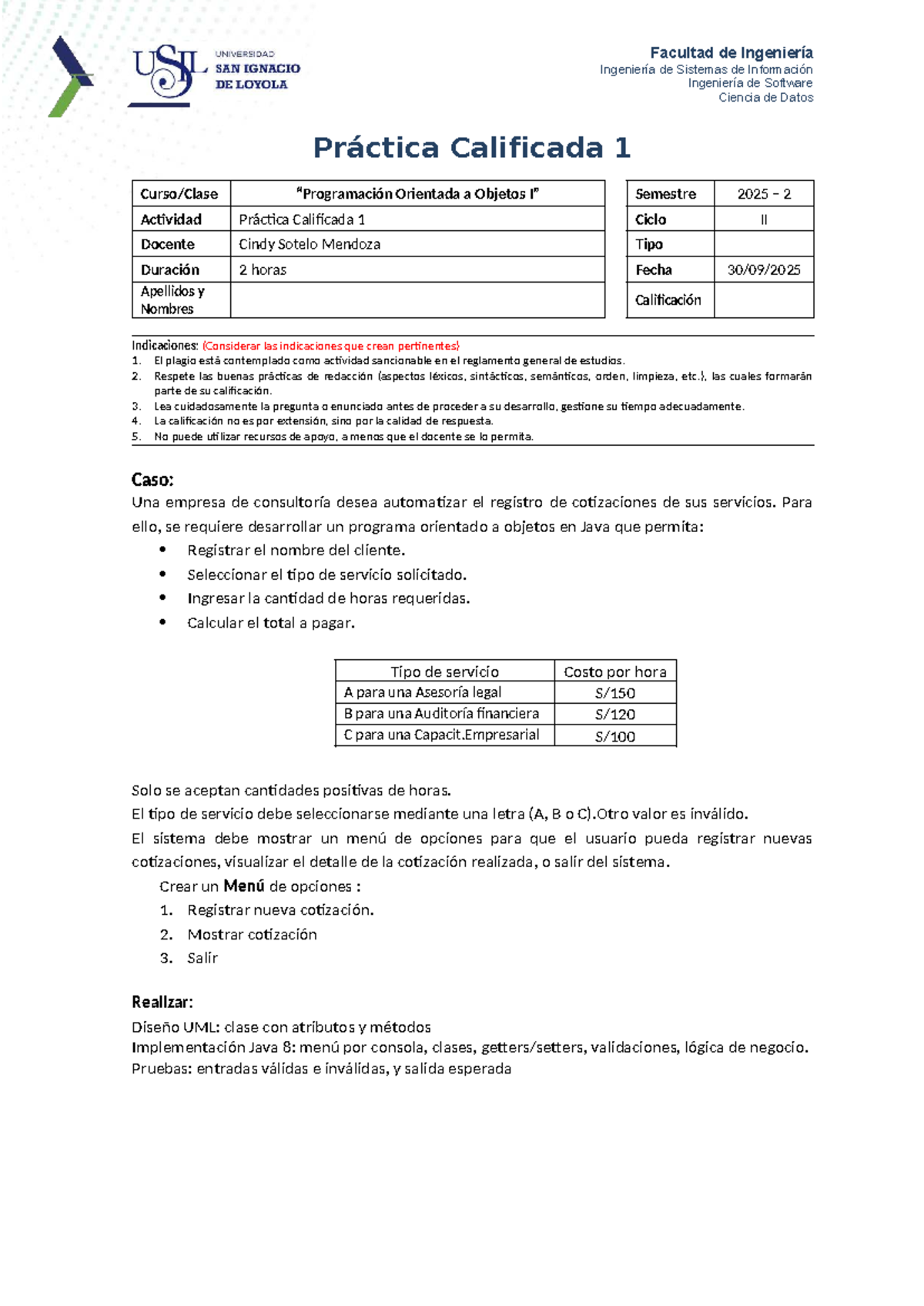 Práctica Calificada 1 (A01M): Desarrollo de Programa OOP en Java - Studocu