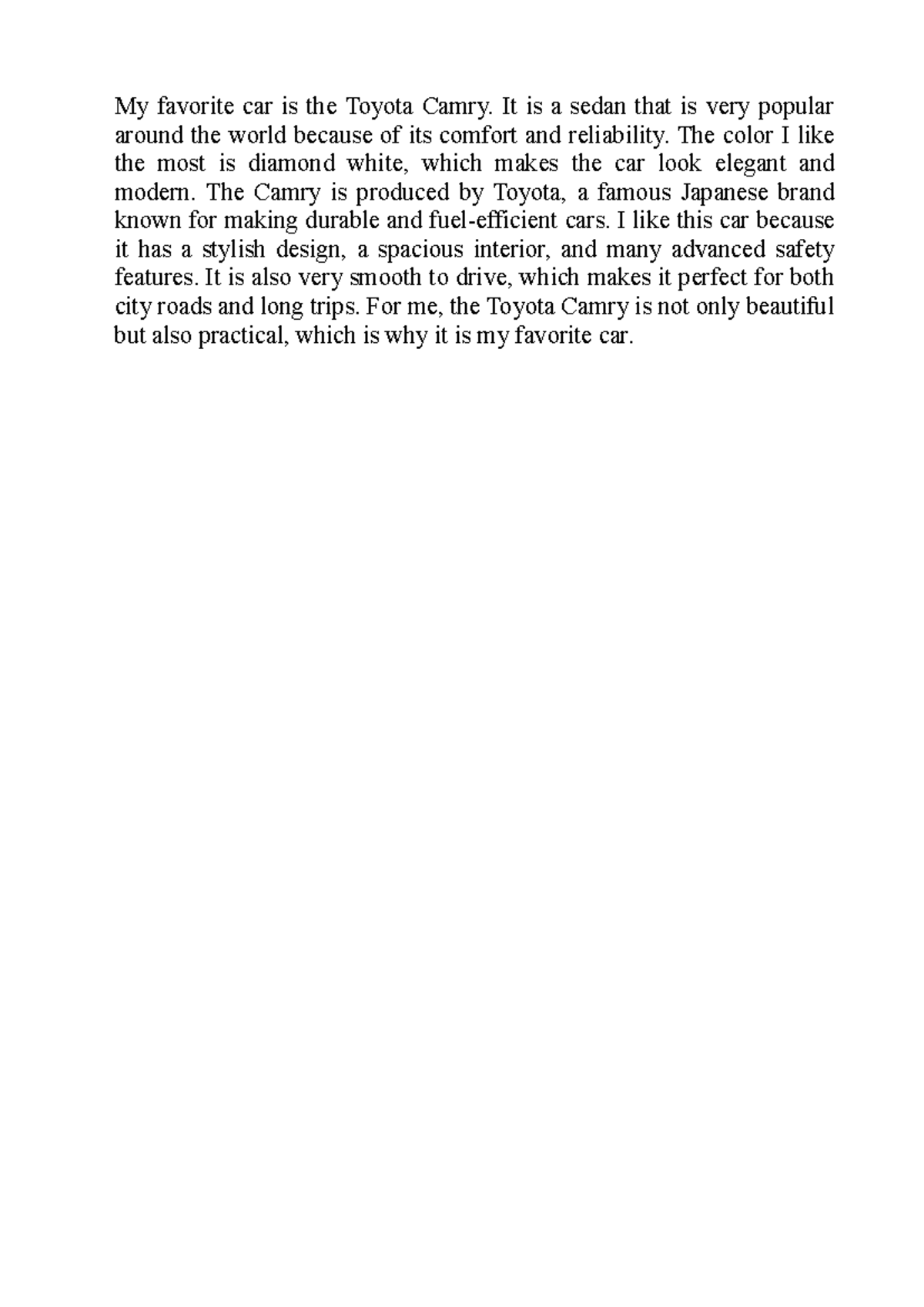 Writing Task 6: My Favorite Car - Toyota Camry Analysis - Studocu