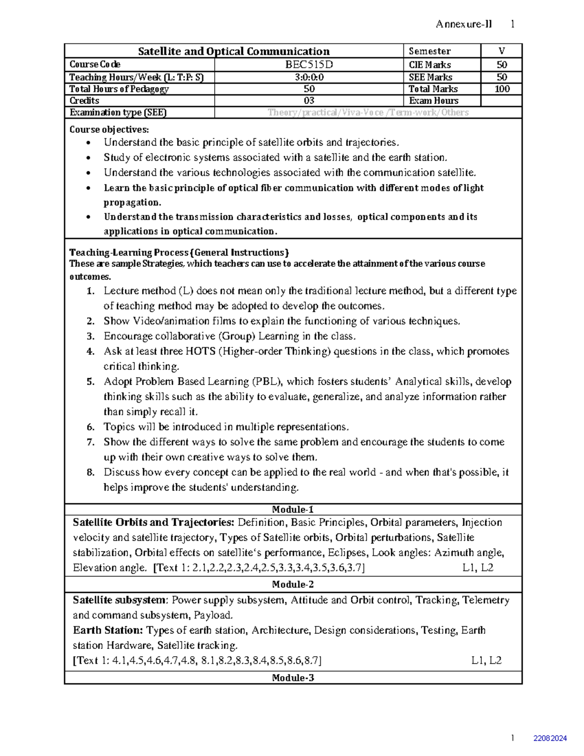 BEC515D: Satellite and Optical Communication Course Overview and ...