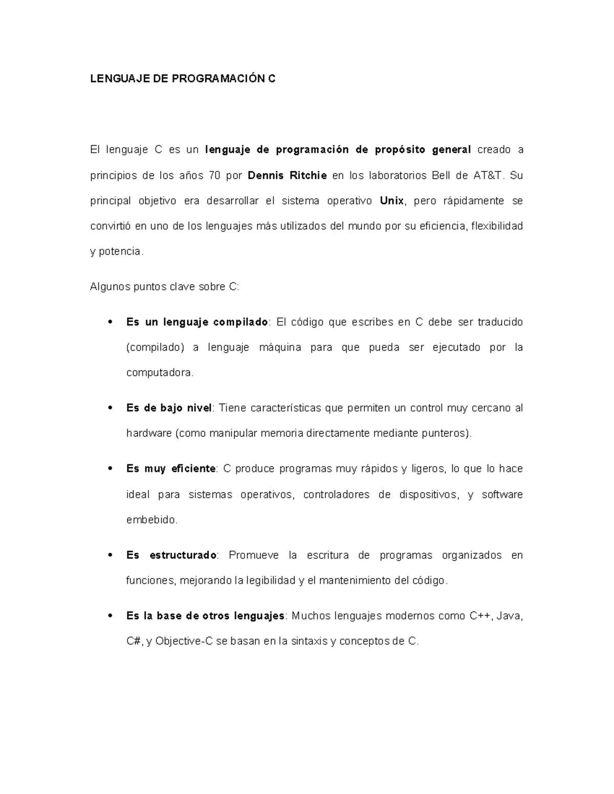 LENGUAJE DE PROGRAMACIÓN C: Características y Usos Esenciales - Studocu