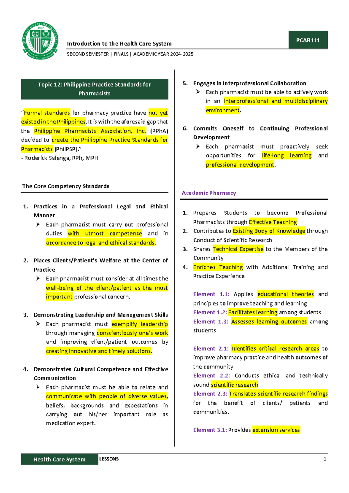 Philippine Practice Standards for Pharmacists: PCAR Notes - Finals ...