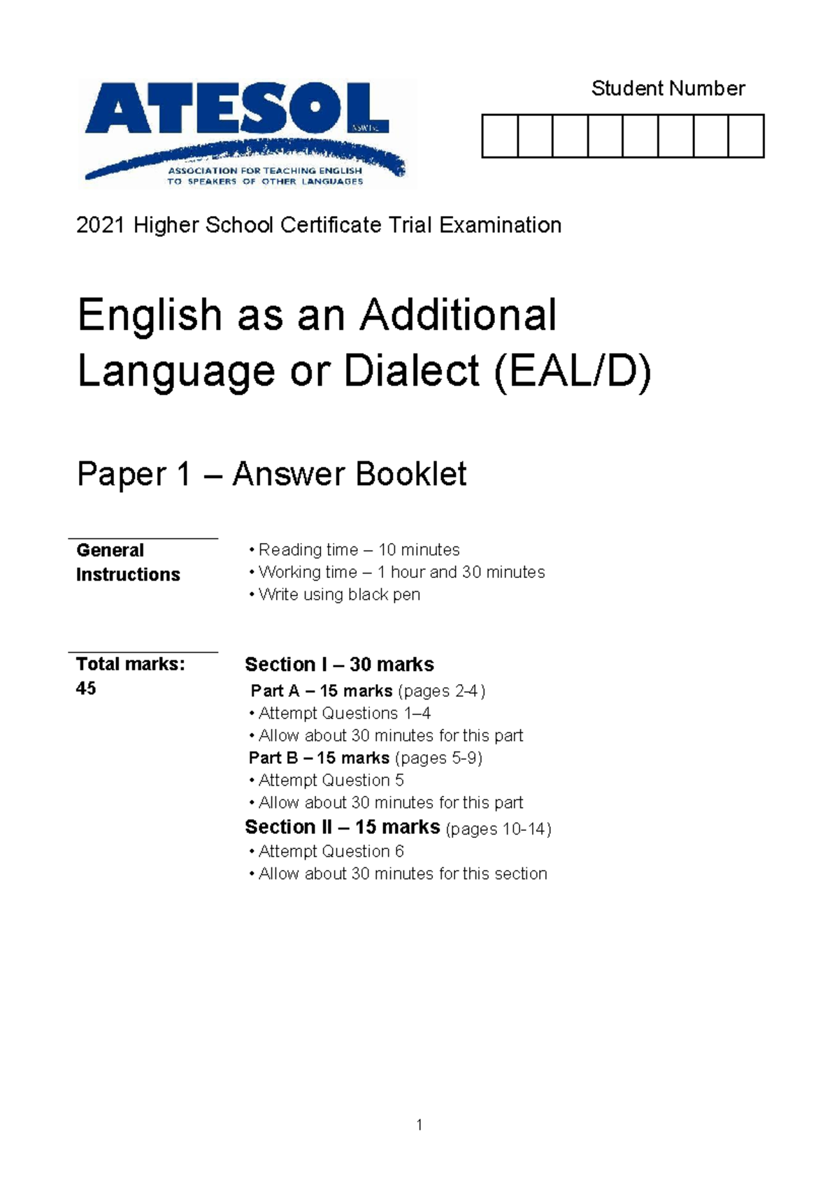 2021 HSC ATESOL Trial Exam Paper 1: EAL/D Answer Booklet - Studocu