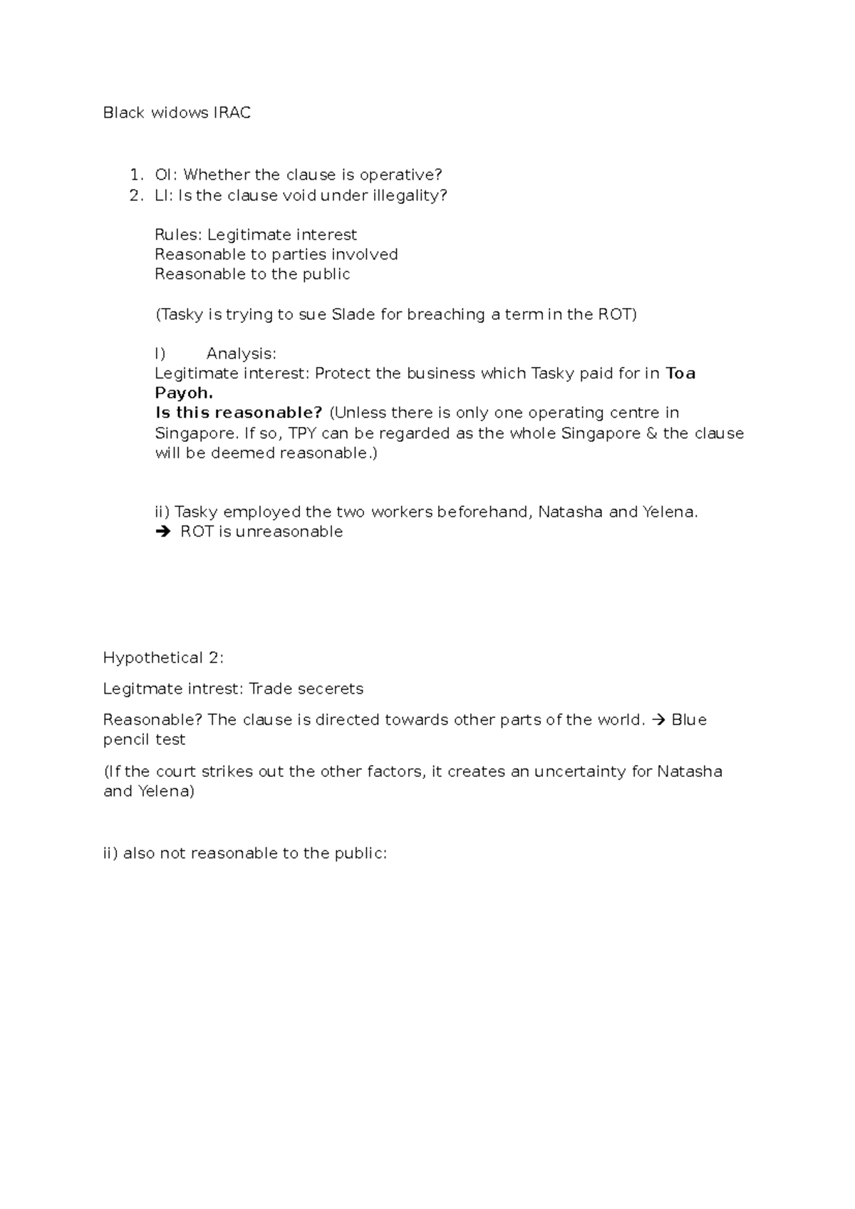 IRAC Analysis of Black Widows Case Study - Lecture Notes - Studocu