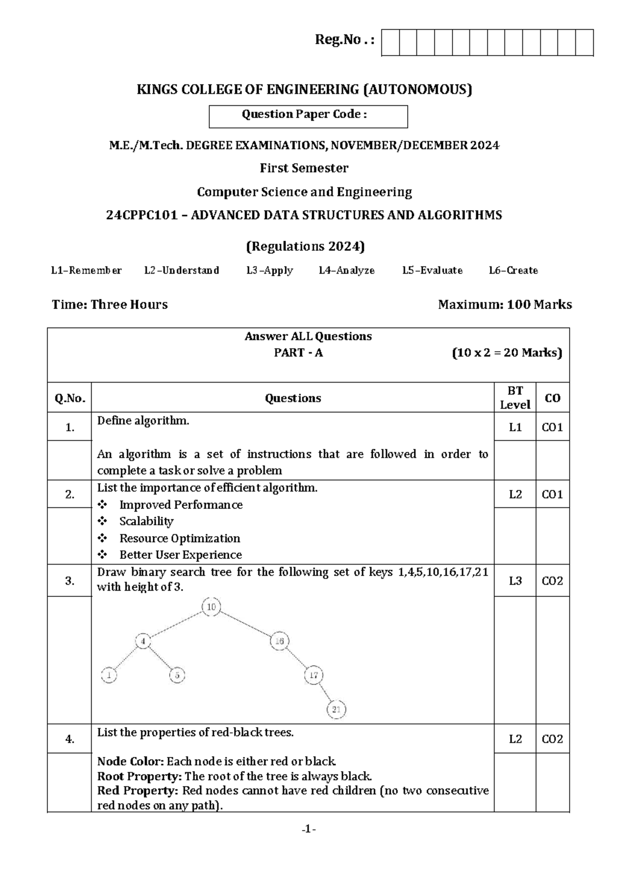 24CPPC101 - Advanced Data Structures and Algorithms Exam Paper 2024 ...