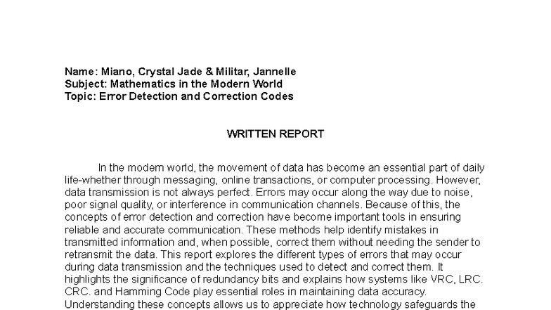 MMW Written Report: Error Detection and Correction Codes - Studocu