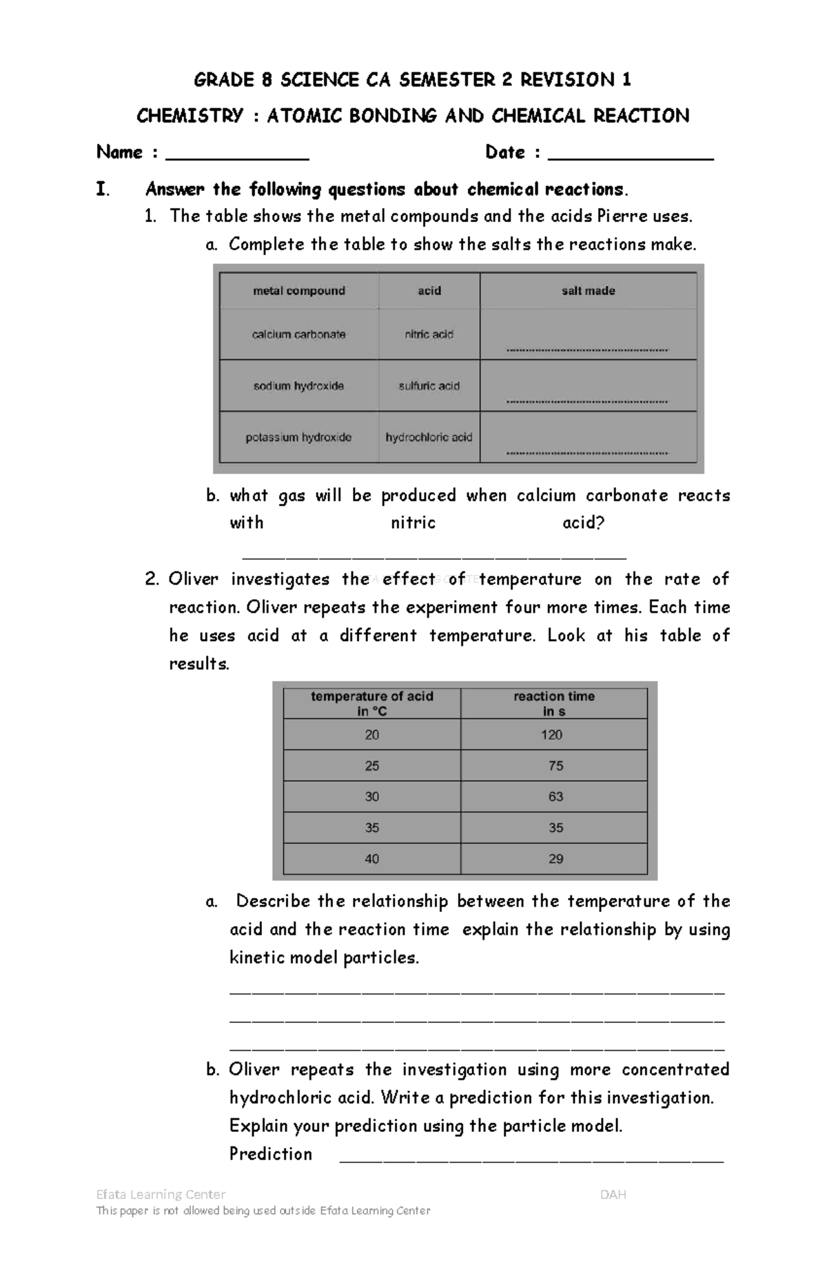 Grade 8 Science CA Sem 2 Revision 1: Chem Reactions & Atomic Structure ...