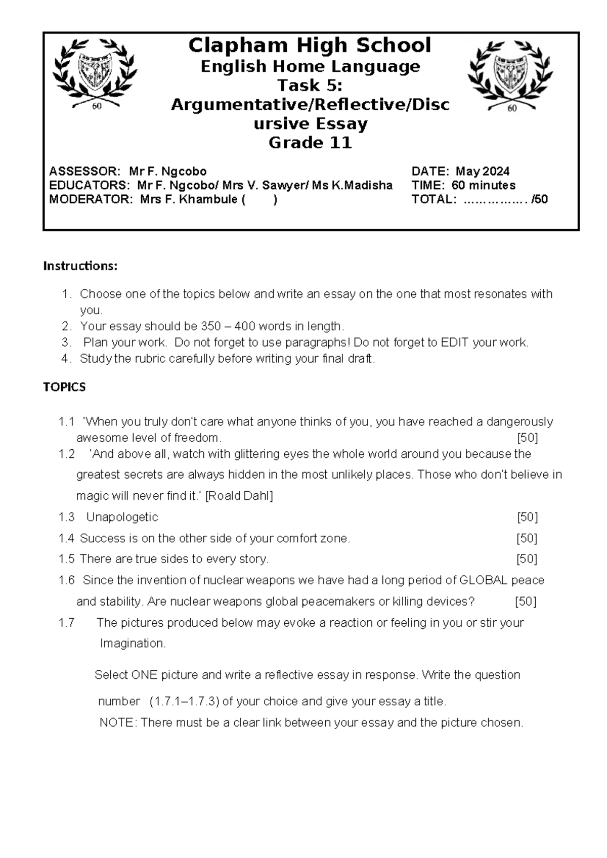Grade 11 English Task 5: Argumentative/Reflective Essay (2024) - Studocu