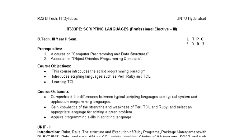R22 B.Tech. IT633PE: Scripting Languages Syllabus Overview - Studocu
