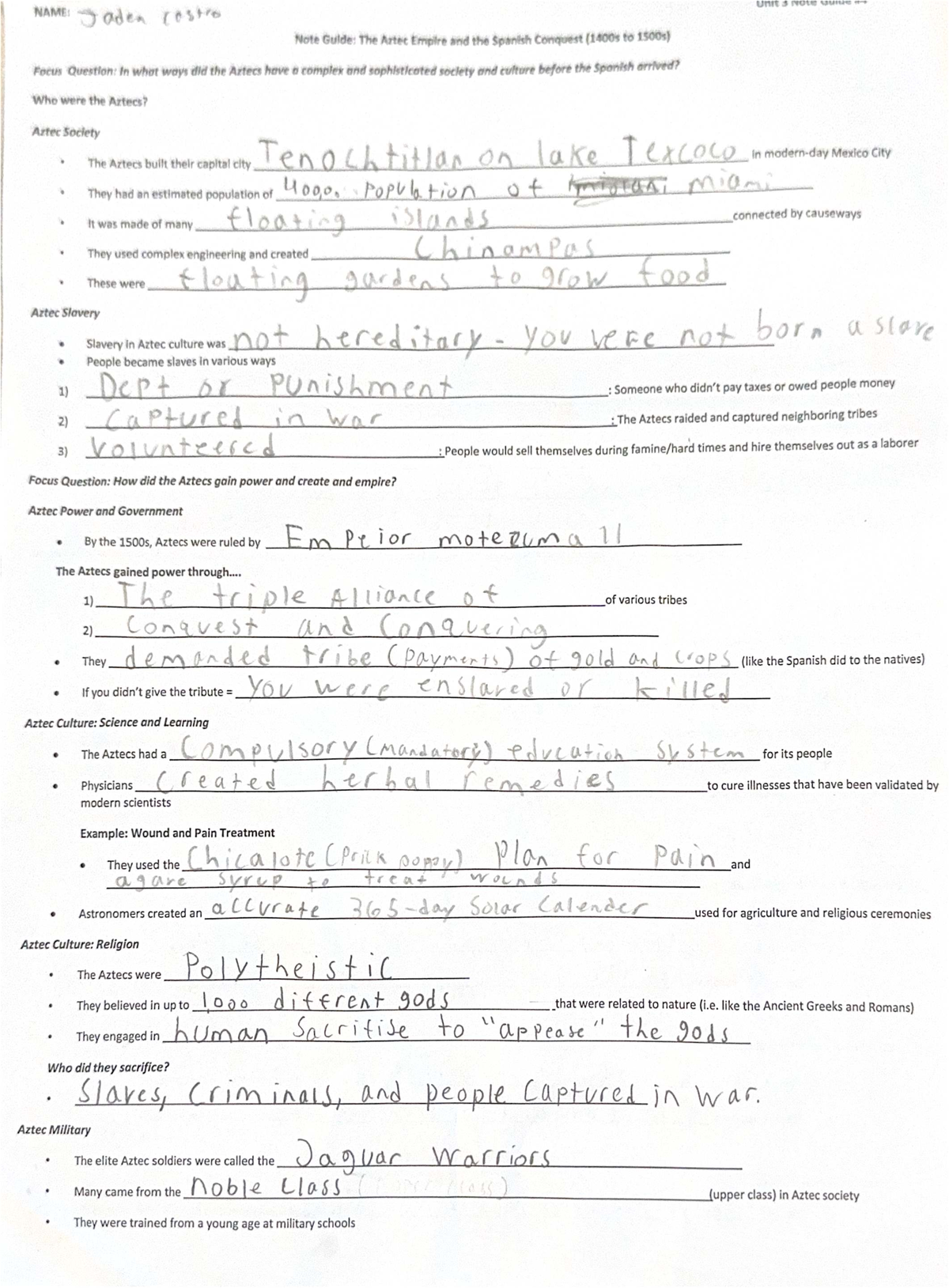 Unit 5: The Aztec Empire and Spanish Conquest (1400s-1500s) Study Guide ...