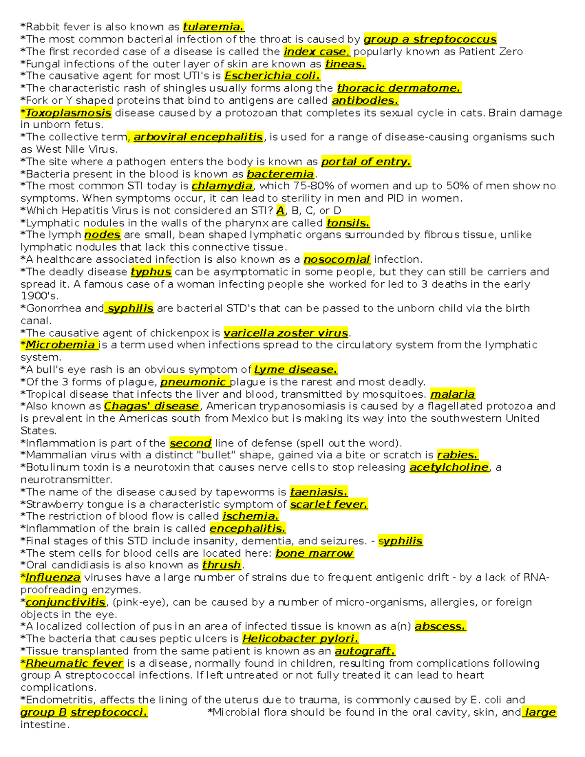 Exam Study Guide - 2 - *Rabbit fever is also known as tularemia. *The ...